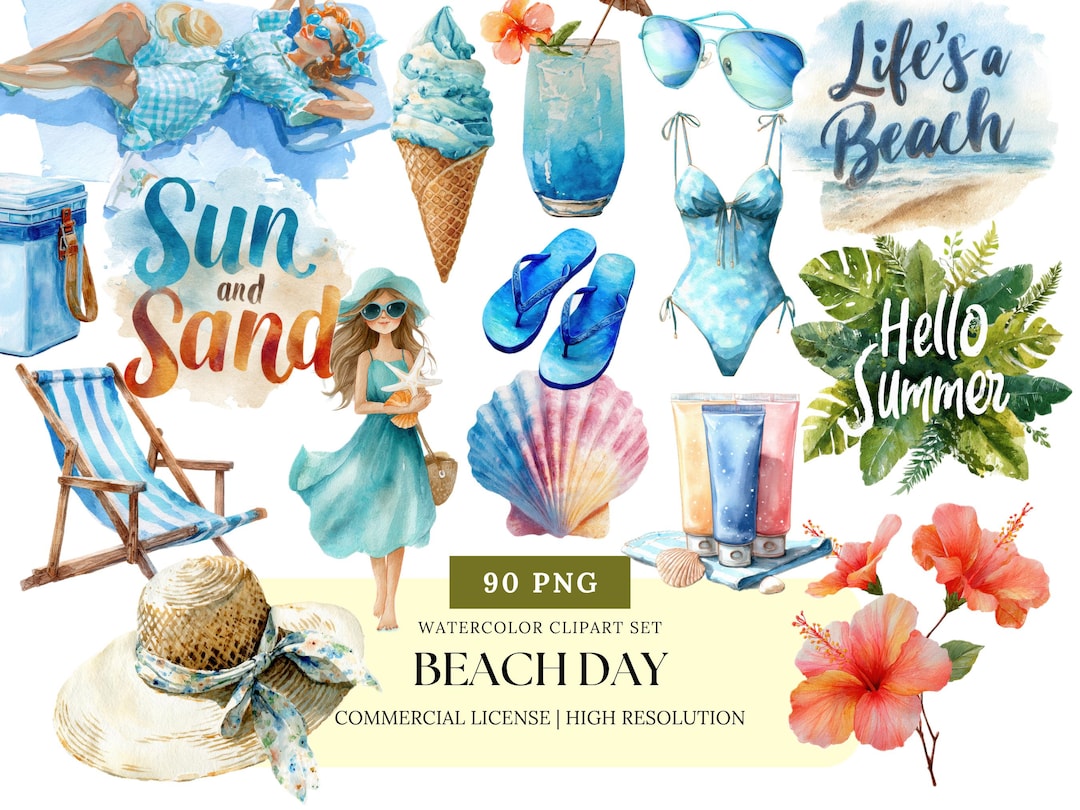 Beach Day Watercolor Clipart Set Summer Ocean Beach Party Digital ...