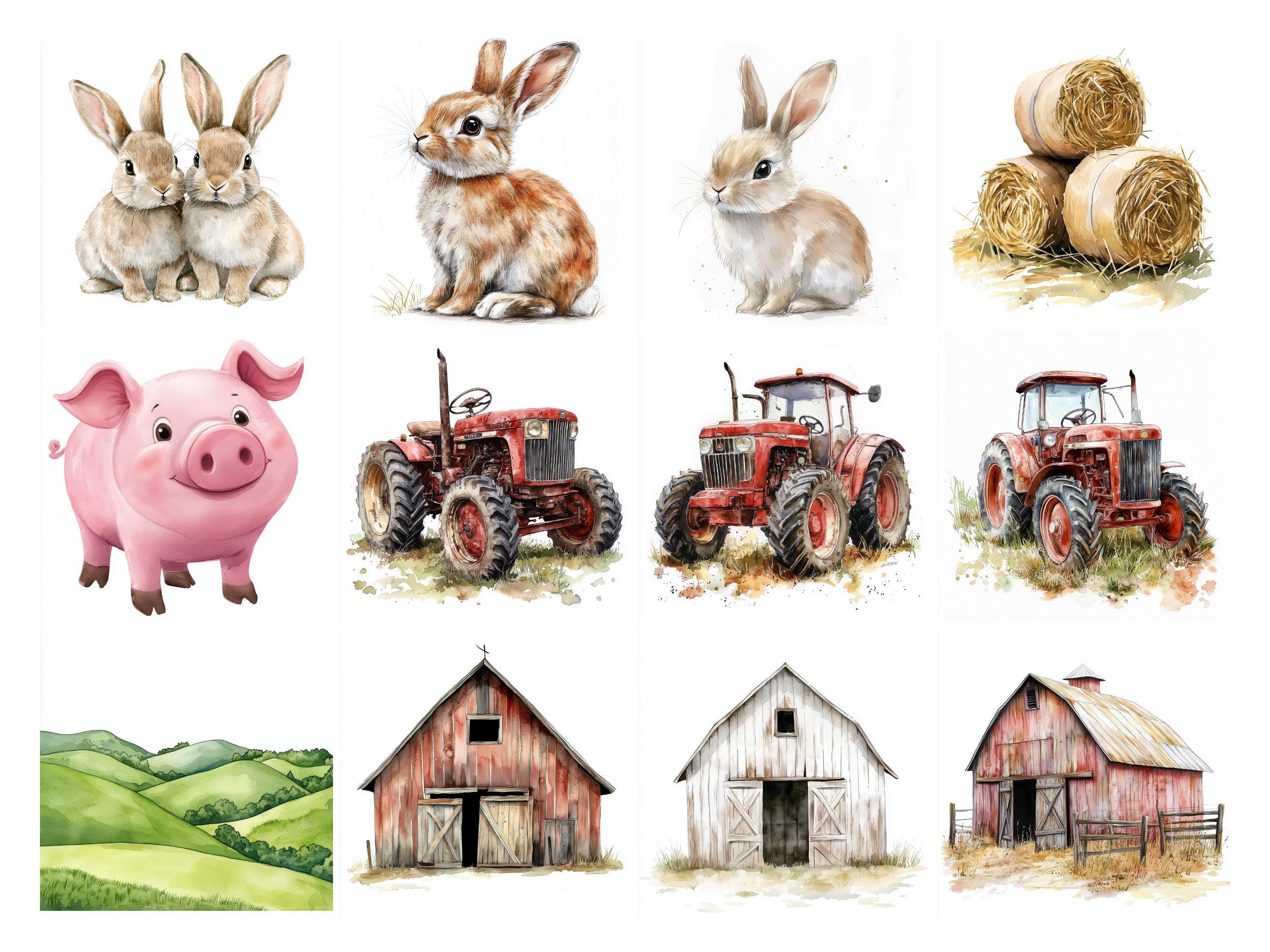 Farm Animal Clipart Set Watercolor Barn Tractor Cow Pig Sheep Chicken ...