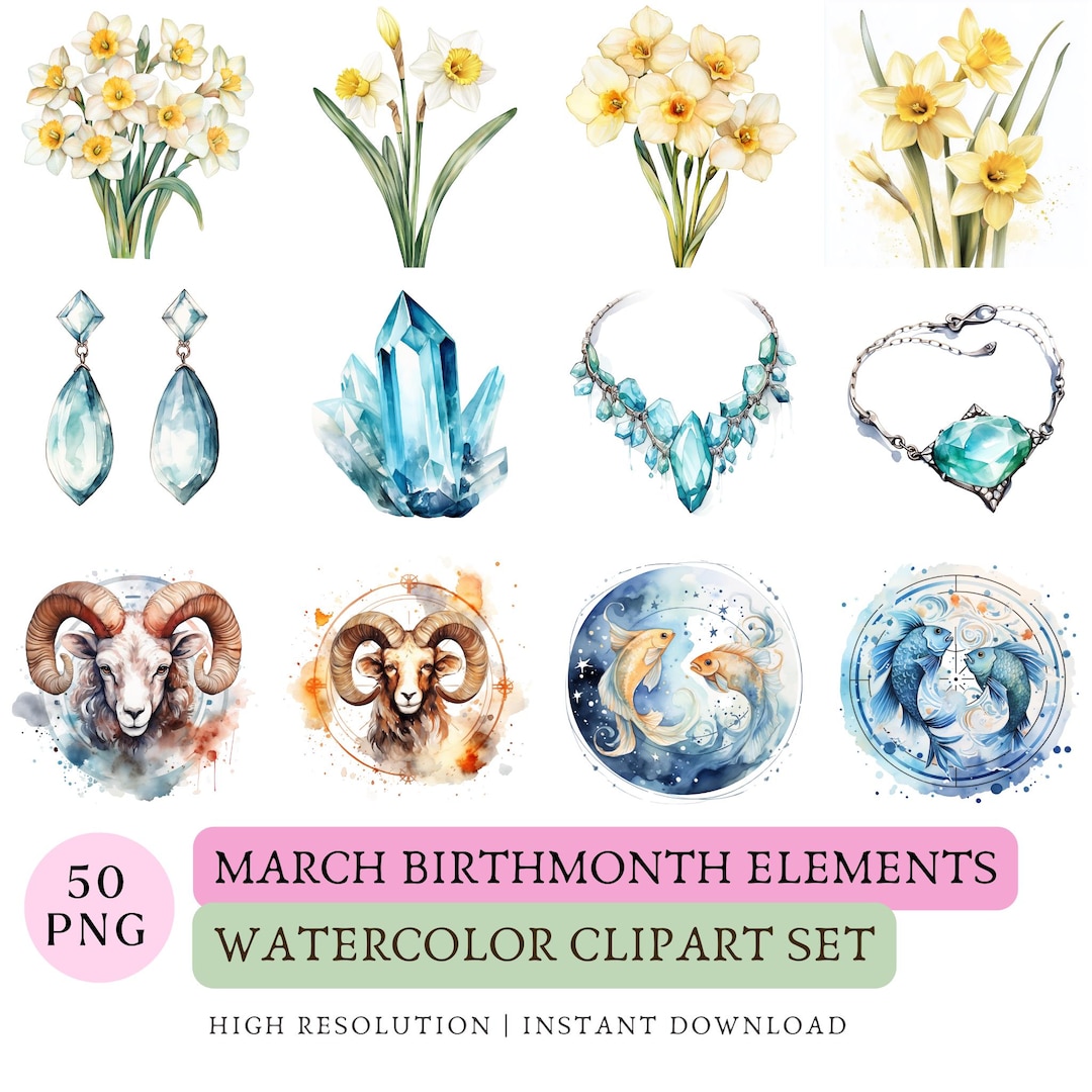 March Birth Month Clipart Watercolor Daffodil Jonquil Aquamarine Pisces ...