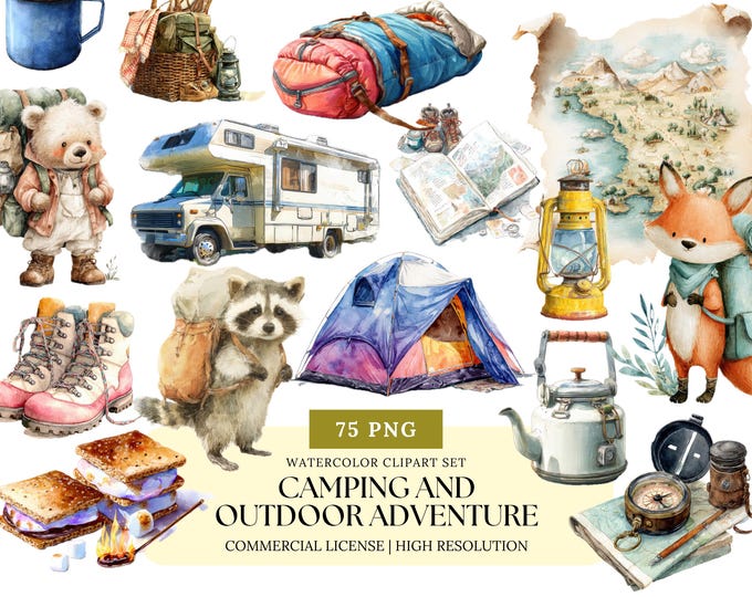 Camping Clipart Bundle Set of 30 Adorable Outdoor Themed PNG Files ...