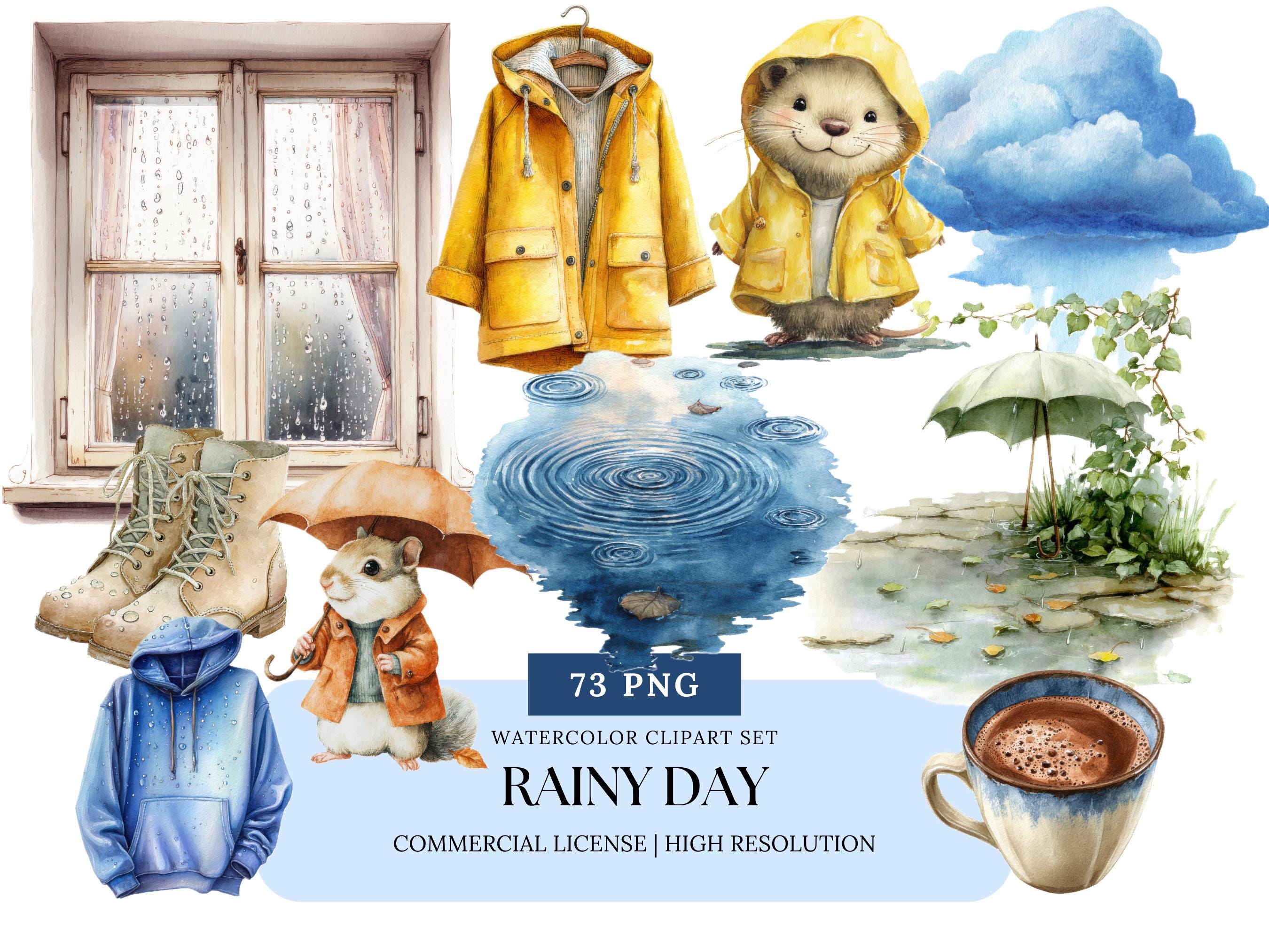 Rainy Day Watercolor Clipart Cozy Rain Aesthetic Digital Stickers ...