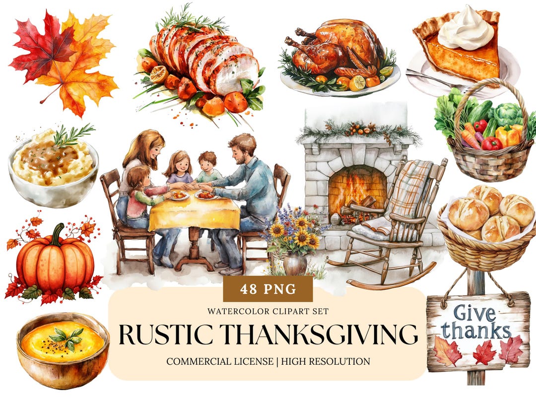 Rustic Farmhouse Thanksgiving Clipart Watercolor Fall Harvest Food Cozy ...
