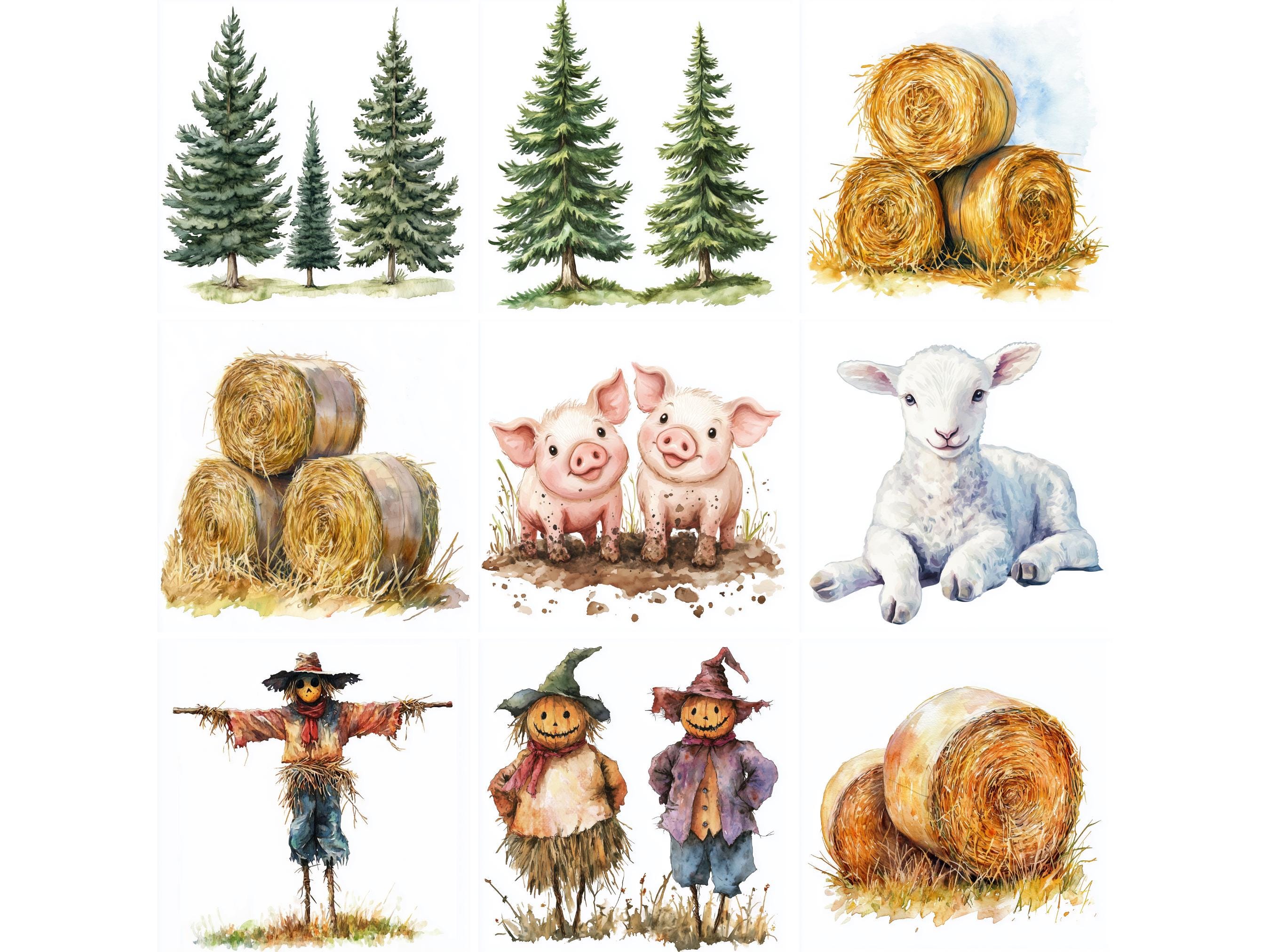 Farm Animal Clipart Set Watercolor Barn Tractor Cow Pig Sheep Chicken ...