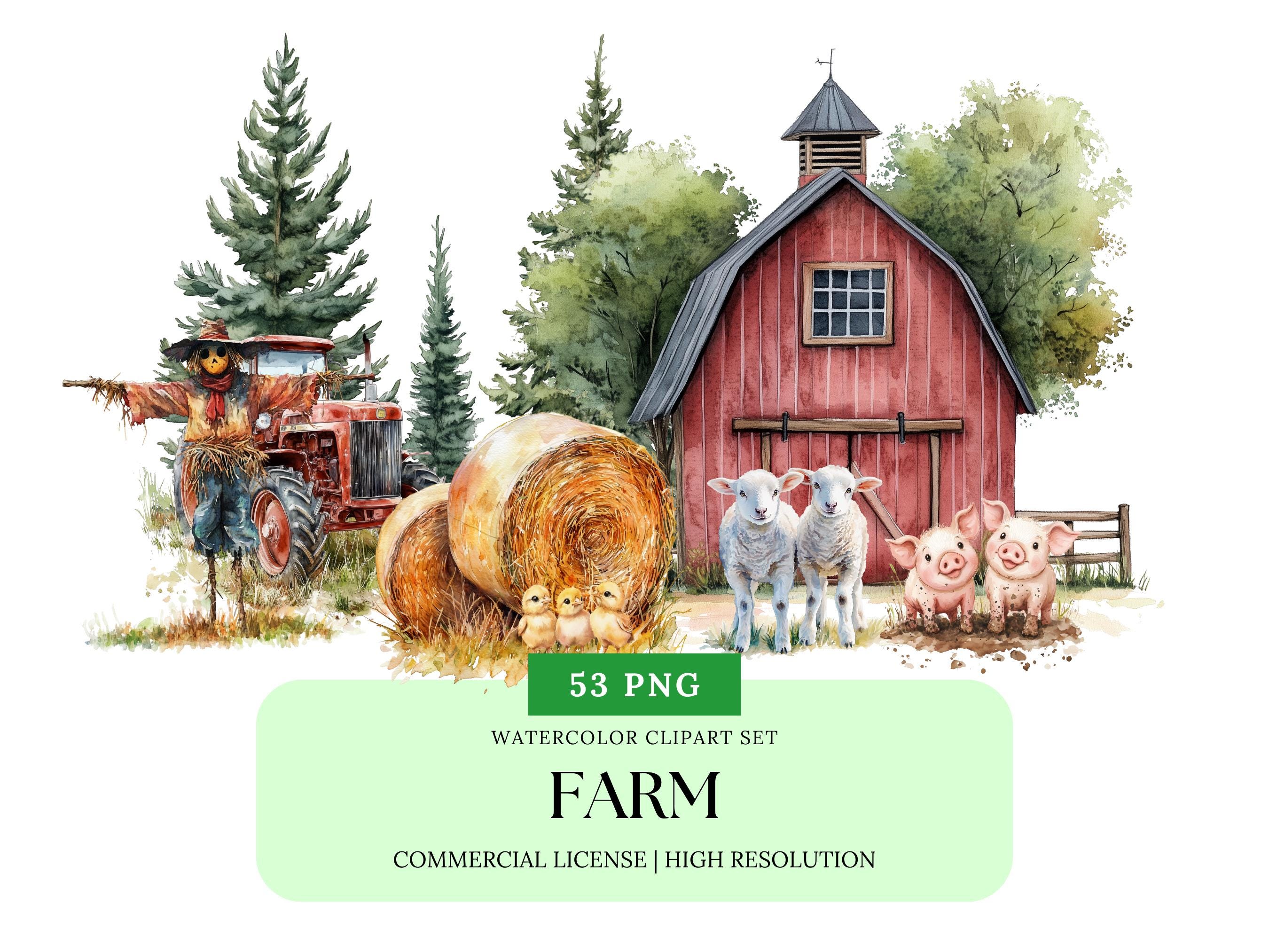 Farm Animal Clipart Set Watercolor Barn Tractor Cow Pig Sheep Chicken ...