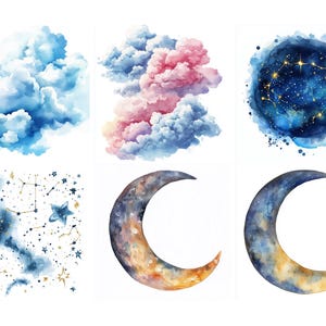 Mystical Moon Star Clipart Watercolor Night Sky Clouds Cosmic Celestial Clip Art Crescent Full ...
