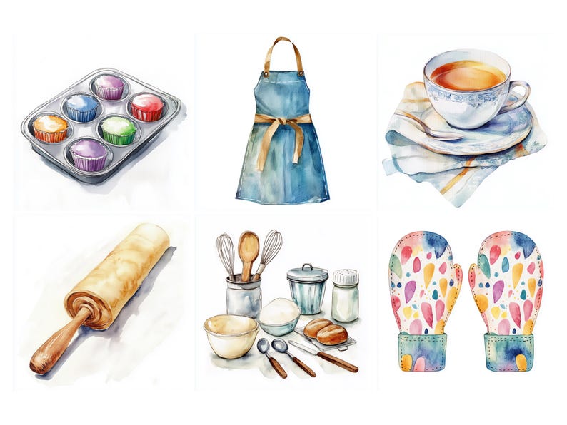 Baking Tools Watercolor Clipart Set Kitchen Essentials PNG Mixer ...