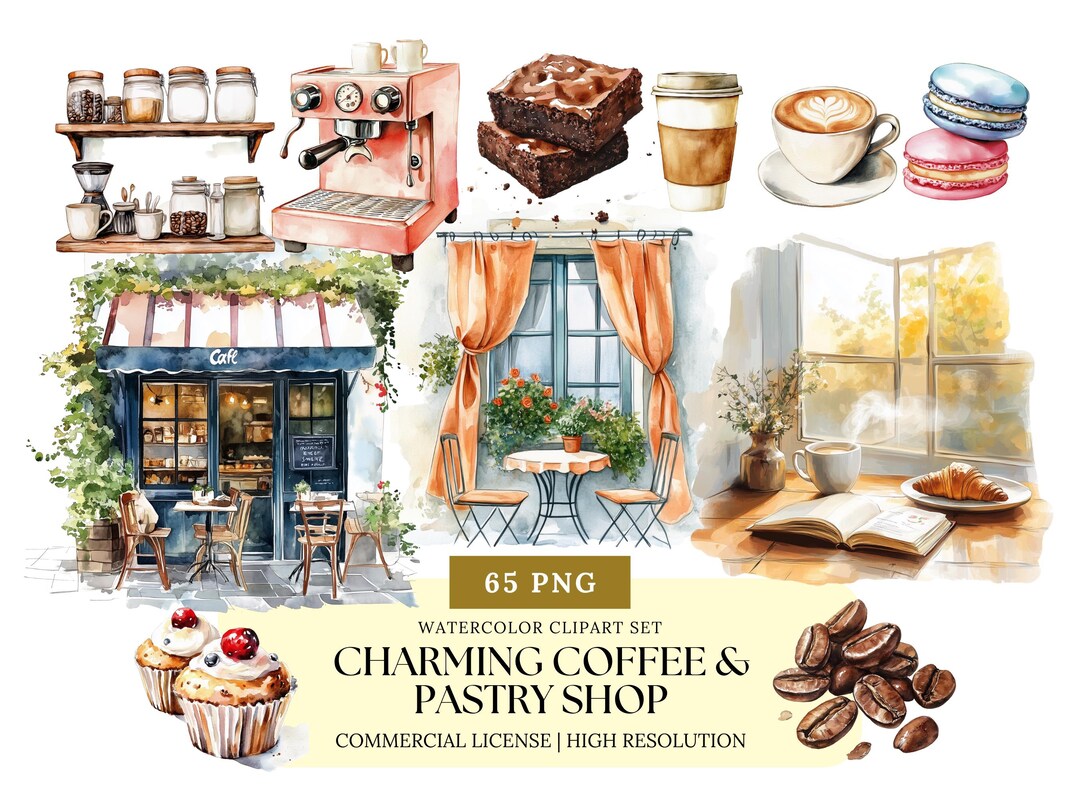 Coffee Shop Clipart Set Watercolor Cafe Scene Pastry Clipart Croissant ...