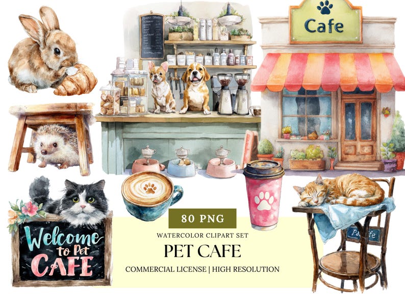 Pet Cafe Animals Watercolor Clipart Cute Cat Dog Cafe PNG Kawaii Coffee ...