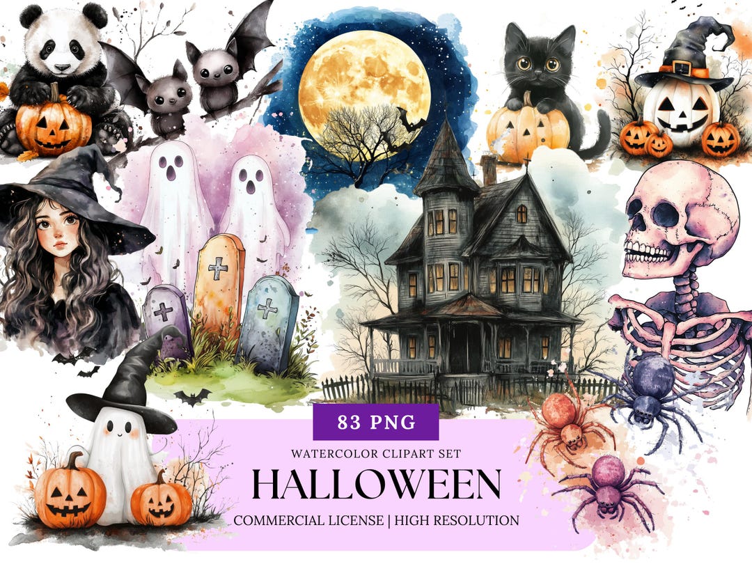 Halloween Watercolor Clipart Set Ghost Pumpkin Witch Cat Spooky Candy ...