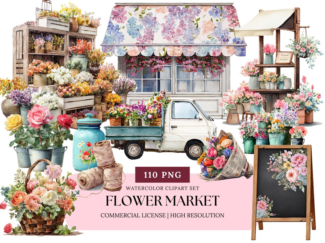Flower Market Watercolor Clipart Set | Floral Stand & Bouquets PNG ...
