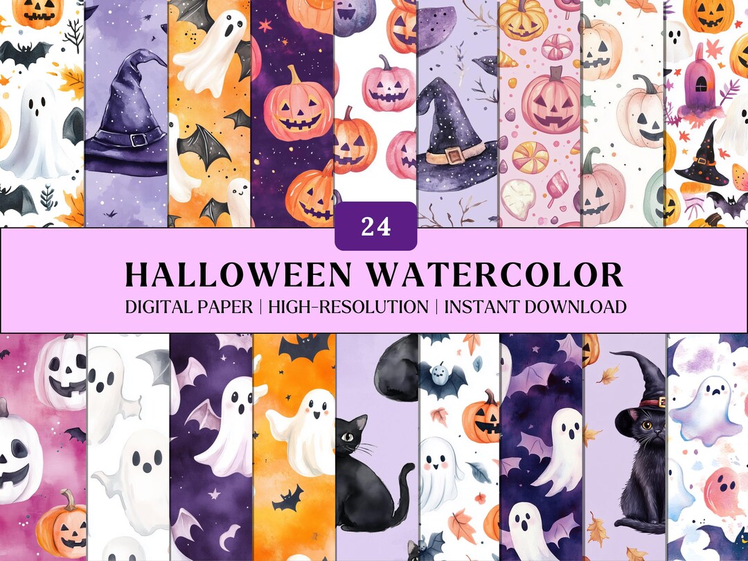 Halloween Watercolor Digital Paper Pack Spooky Witch Ghost Black Cat ...