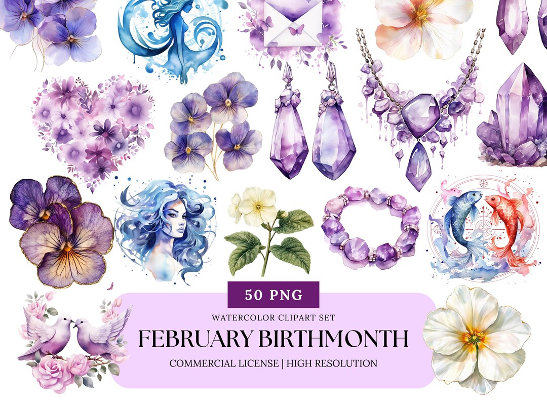 February Birth Month Clipart Watercolor Violet Primrose Amethyst ...