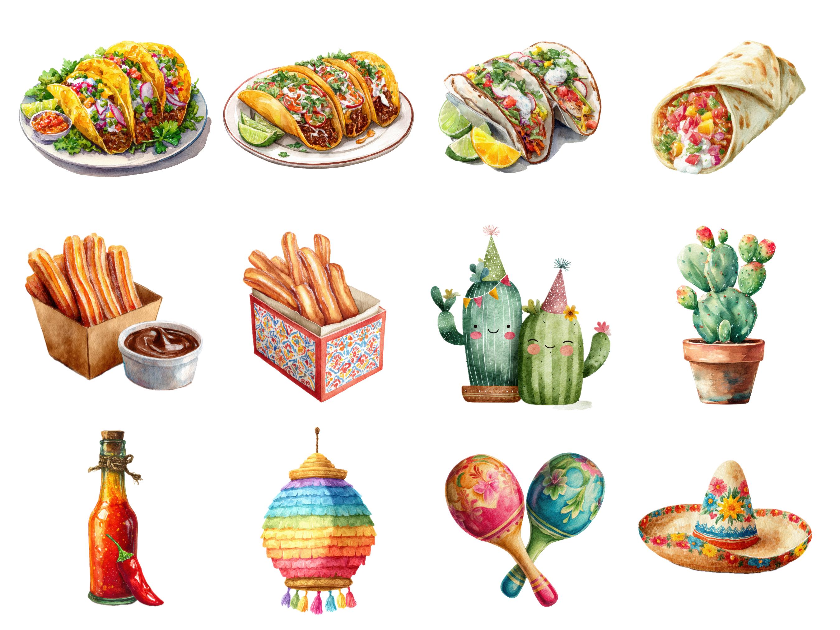 Cinco De Mayo Fiesta Watercolor Clipart | Mexican Party Decor, Food ...