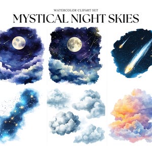 Mystical Moon Star Clipart Watercolor Night Sky Clouds Cosmic Celestial ...