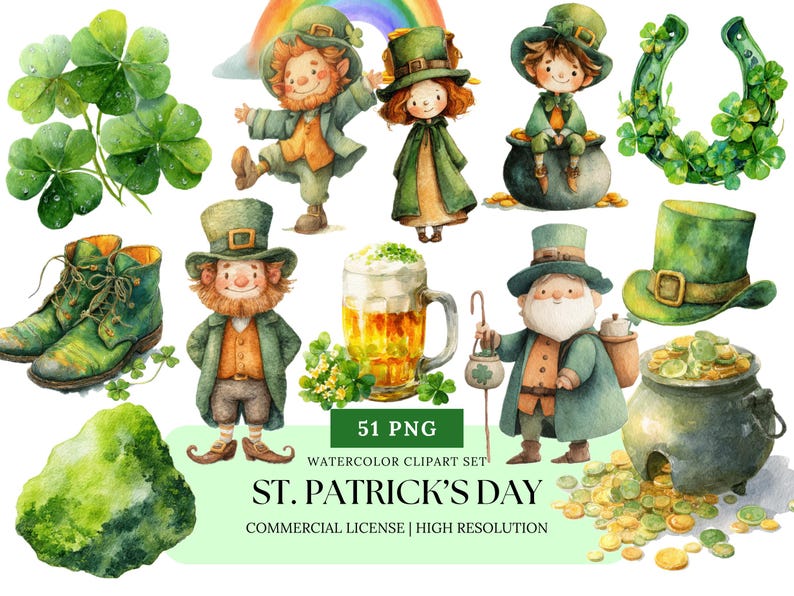 St. Patrick’s Day Watercolor Clipart Set | Shamrocks Leprechaun Pot of ...