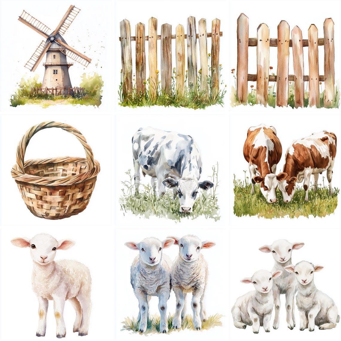 Farm Animal Clipart Set Watercolor Barn Tractor Cow Pig Sheep Chicken ...