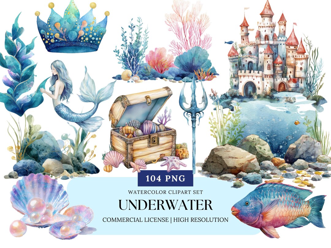 Underwater Ocean Clipart Watercolor Sea Creatures Fish Jellyfish Coral ...