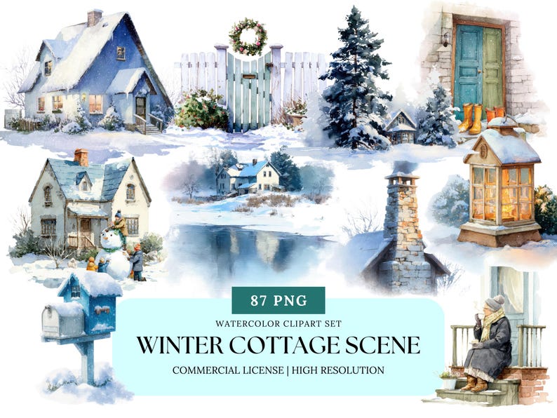 Winter Cottage Scene Watercolor Clipart Cozy Snowy Cabin Holiday ...