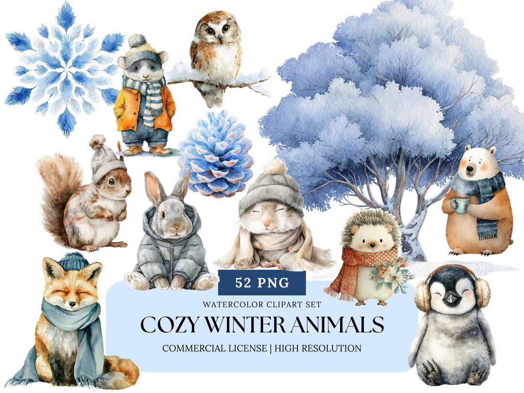 Cozy Winter Animals Clipart Set Watercolor Cute Forest Arctic Animal ...