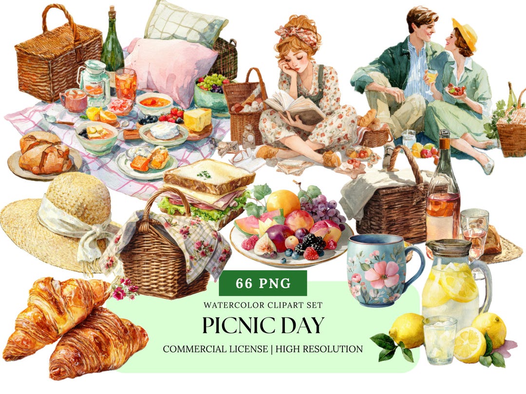 Picnic Day Watercolor Clipart Set | Cozy Food Picnic Blanket Basket ...