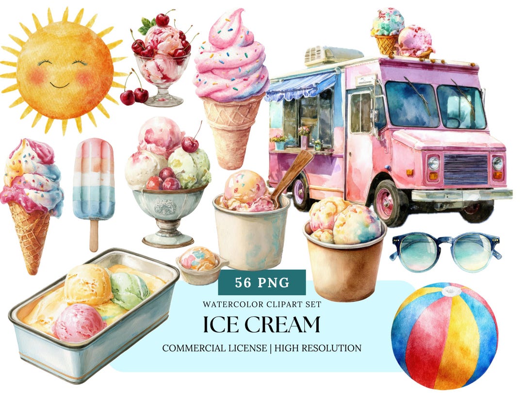 Watercolor Ice Cream Clipart Set Cute Summer Dessert Pngs Pastel ...
