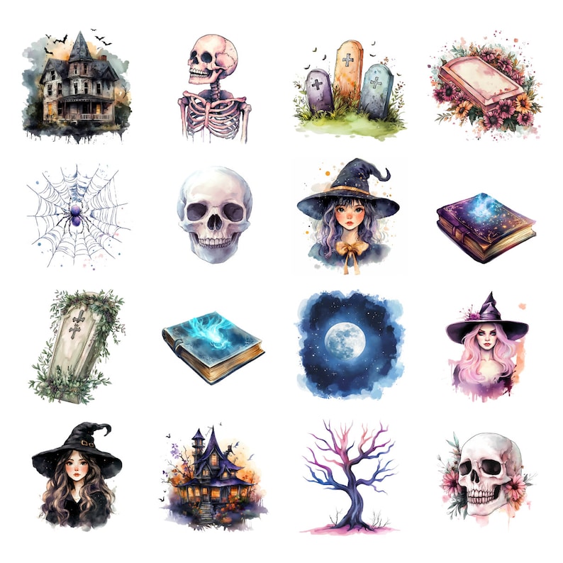 Spooky Halloween Watercolor Clipart Set, 38 Cute Cliparts, Witch Spell ...