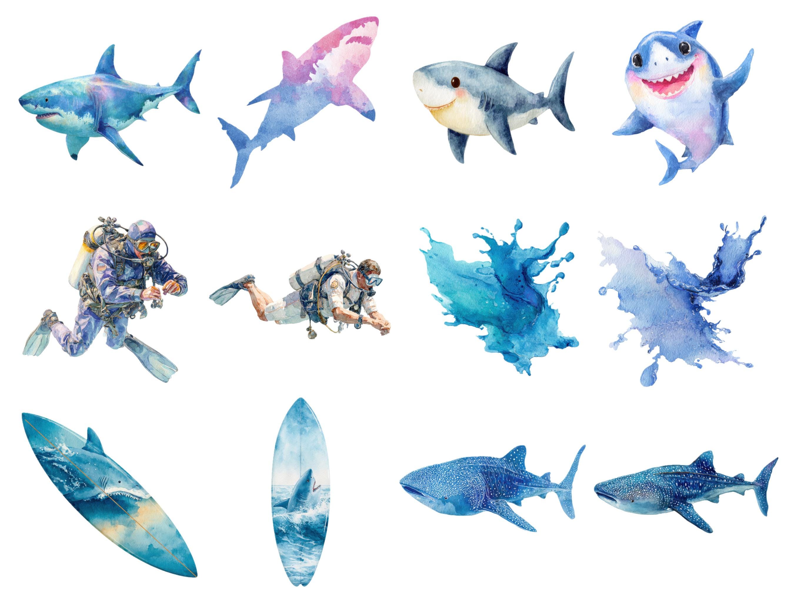 Shark Week Watercolor Clipart Set | Cute Shark PNG, Ocean Animals, Sea ...