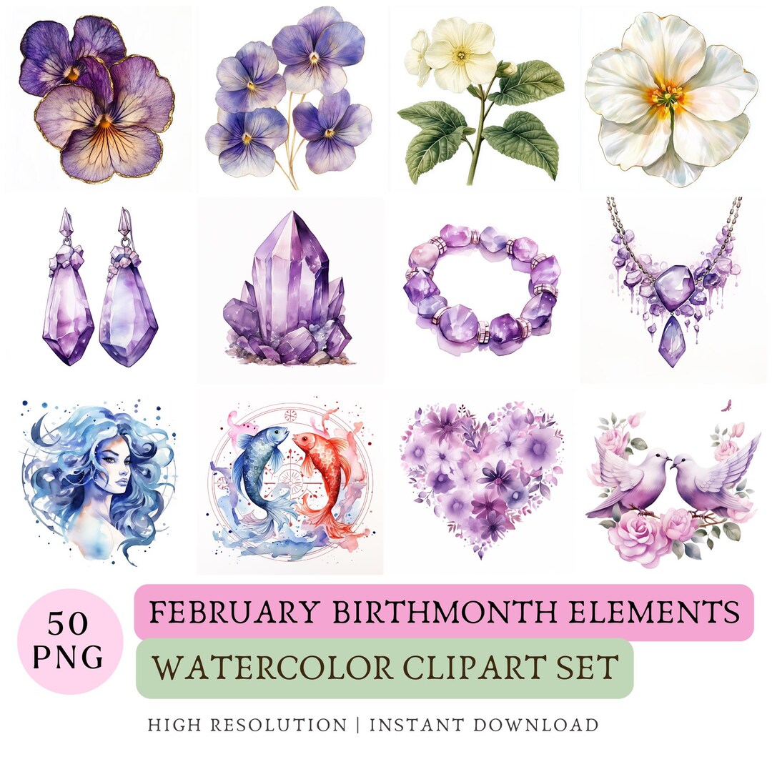 February Birth Month Clipart – Violet, Amethyst, Aquarius, Pisces ...