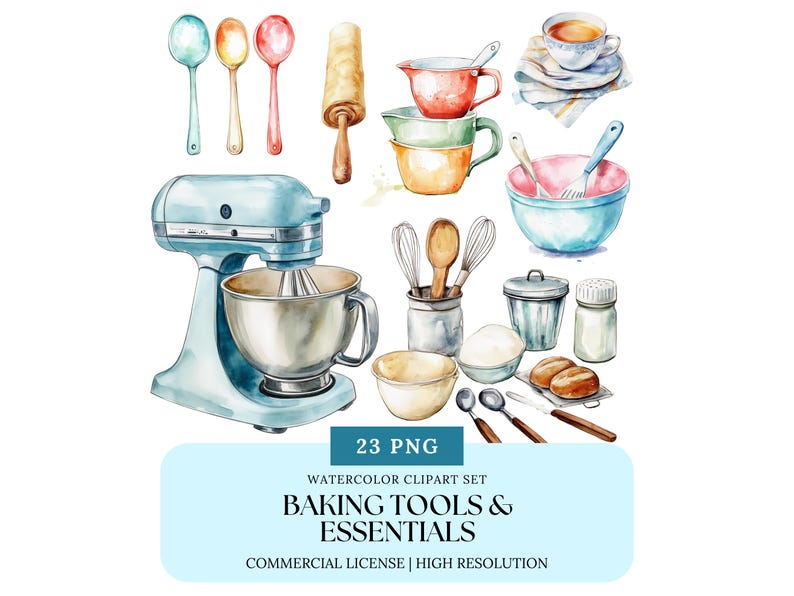 Baking Tools Watercolor Clipart Set Kitchen Essentials PNG Mixer ...