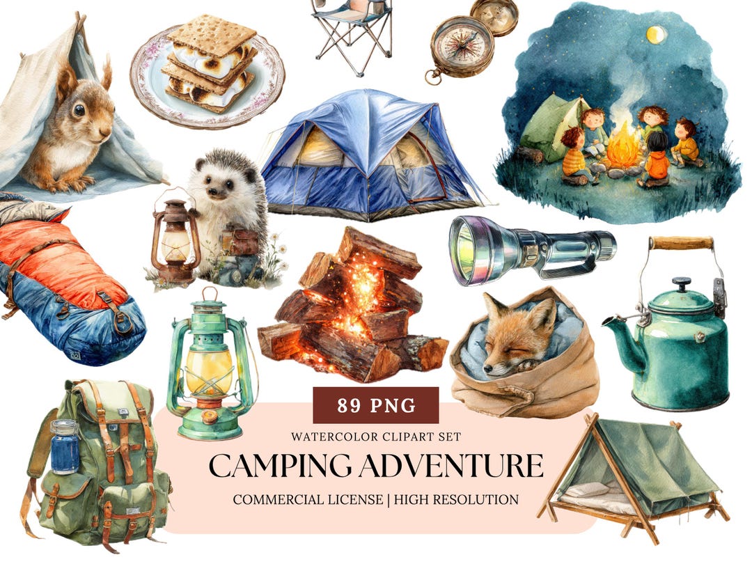 Camping Adventure Watercolor Clipart Set | Cute Tent and Forest Animals ...