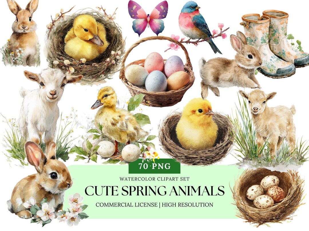 Cute Spring Animals Watercolor Clipart Set | Baby Bunny Chick Lamb ...