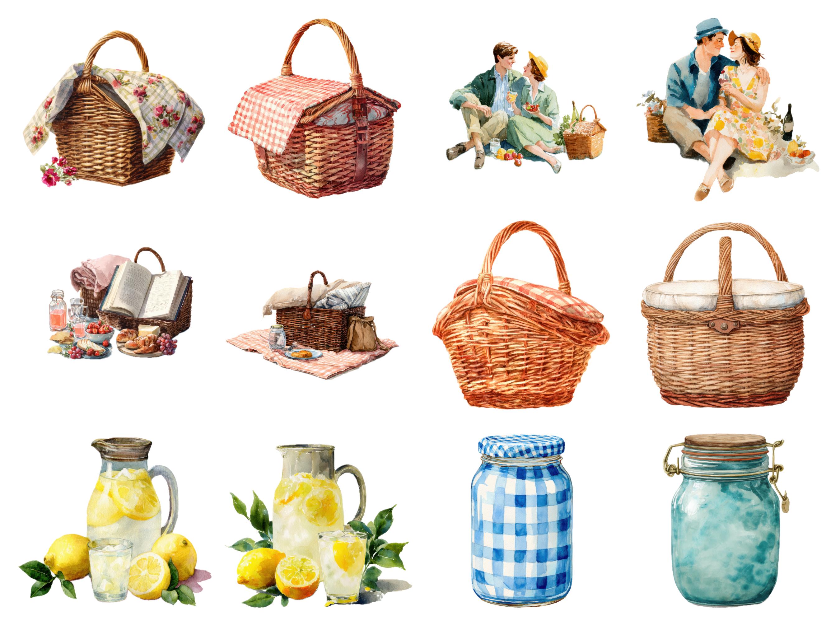 Picnic Day Watercolor Clipart Set | Cozy Food Picnic Blanket Basket ...