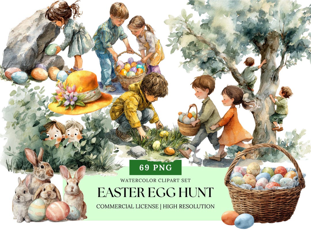 Easter Egg Hunt Watercolor Clipart Set | Kids, Baskets & Colorful Eggs ...
