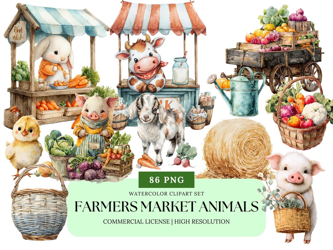 Farmer’s Market Animal Clipart Set Cute Watercolor Farm Animal Pngs ...