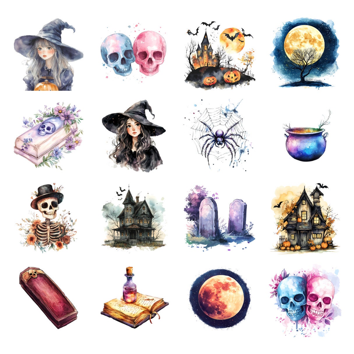 Spooky Halloween Watercolor Clipart Set, 38 Cute Cliparts, Witch Spell ...