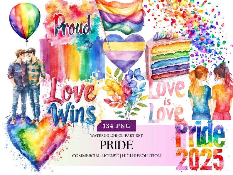 Ultimate Pride Clipart Bundle LGBTQ+ Rainbow Watercolor PNG Stickers ...