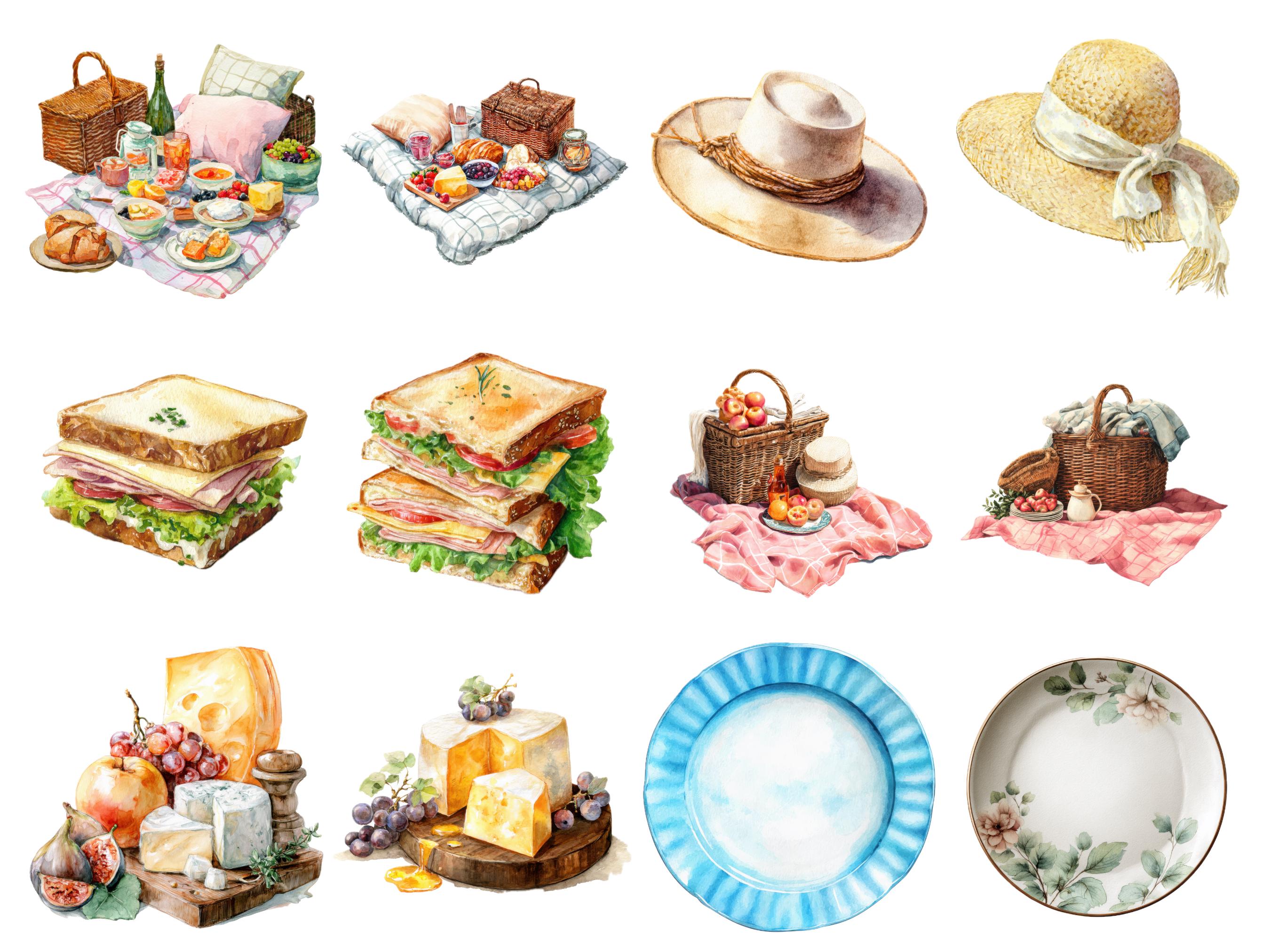 Picnic Day Watercolor Clipart Set | Cozy Food Picnic Blanket Basket ...