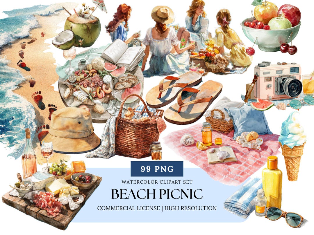 Beach Picnic Watercolor Clipart Set | Summer Aesthetic PNG, Picnic ...