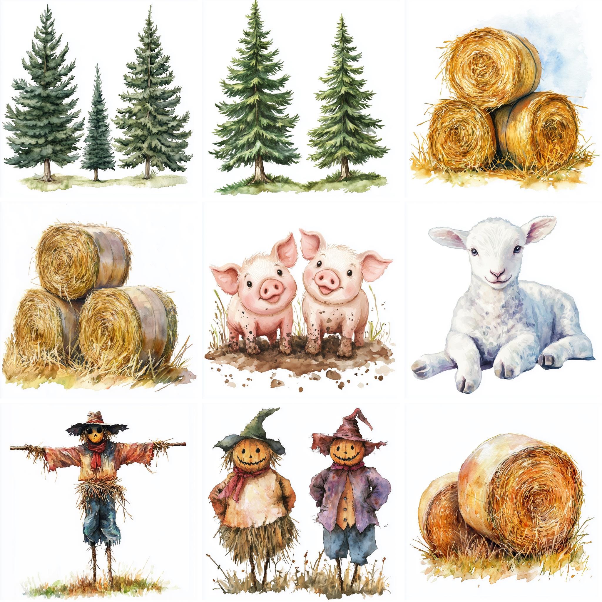 Farm Animal Clipart Set Watercolor Barn Tractor Cow Pig Sheep Chicken ...