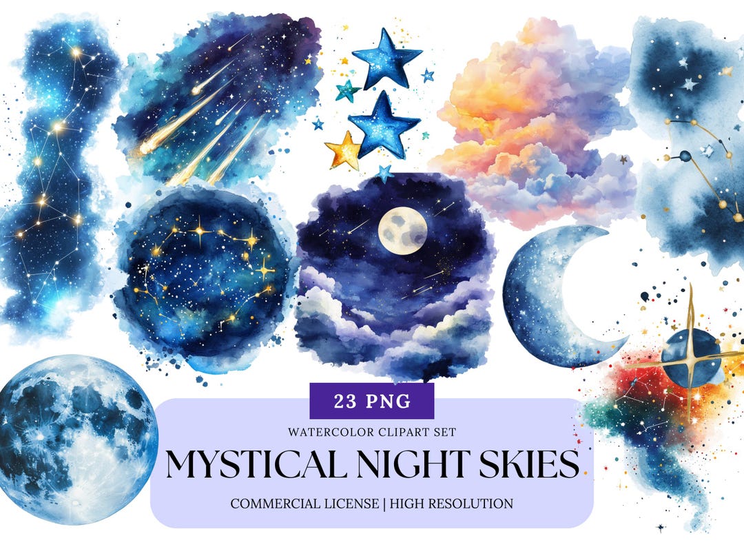 Mystical Moon Star Clipart Watercolor Night Sky Clouds Cosmic Celestial ...