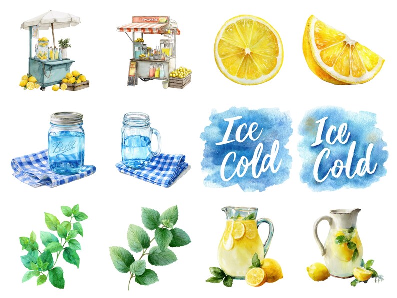 Lemonade Stand Summer Clipart Set Watercolor Kids Party Decor Lemon PNG ...
