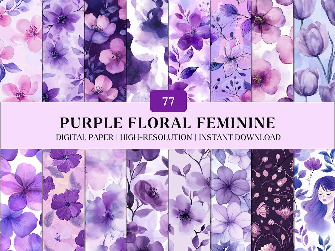 Purple Floral Digital Paper Watercolor Feminine Backgrounds Scrapbook ...