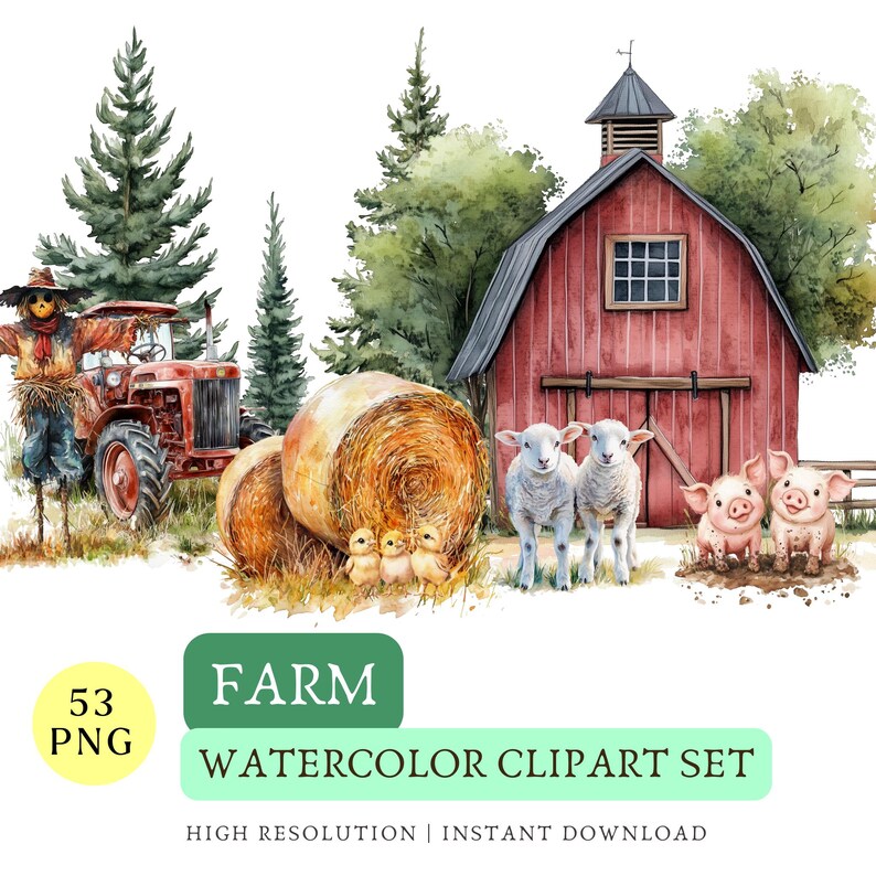 Farm Animal Clipart Set Watercolor Barn Tractor Cow Pig Sheep Chicken ...
