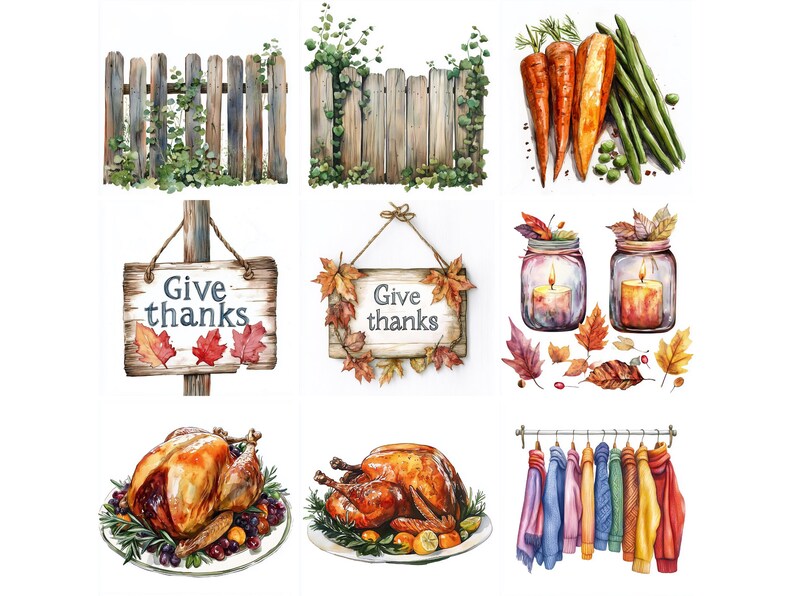 Rustic Farmhouse Thanksgiving Clipart Watercolor Fall Harvest Food Cozy ...