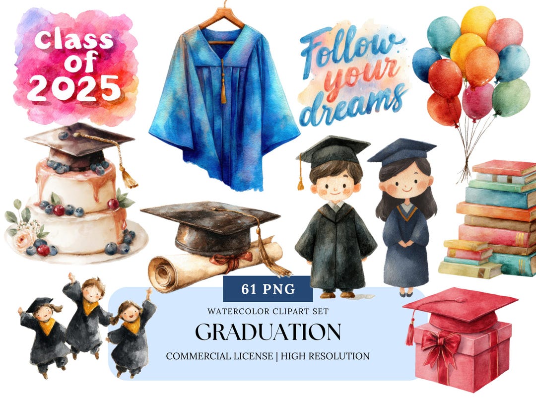 Graduation Watercolor Clipart Set Class of 2025 Cap Diploma Congrats ...