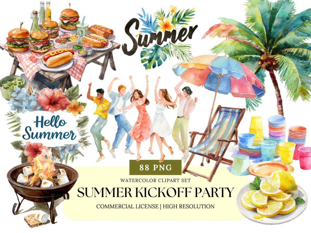 Summer Kickoff Party Watercolor Clipart Set | BBQ Picnic Celebration ...