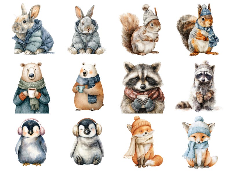 Cozy Winter Animals Clipart Set Watercolor Cute Forest Arctic Animal ...