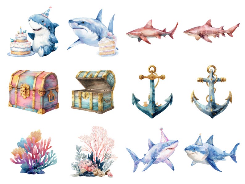 Shark Week Watercolor Clipart Set | Cute Shark PNG, Ocean Animals, Sea ...