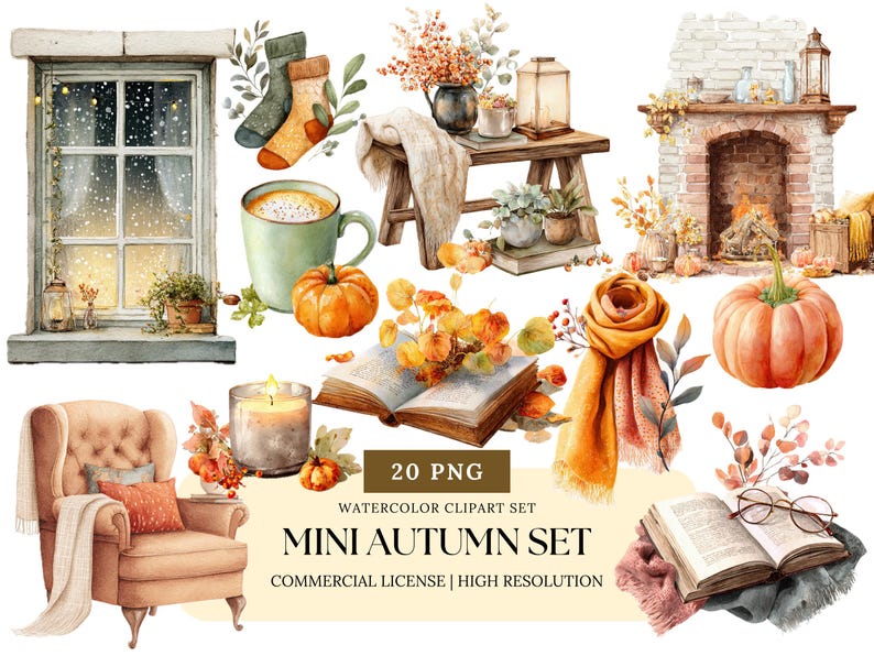 Mini Cozy Autumn Watercolor Clipart Set Hygge Fall Minimalist Pumpkin ...
