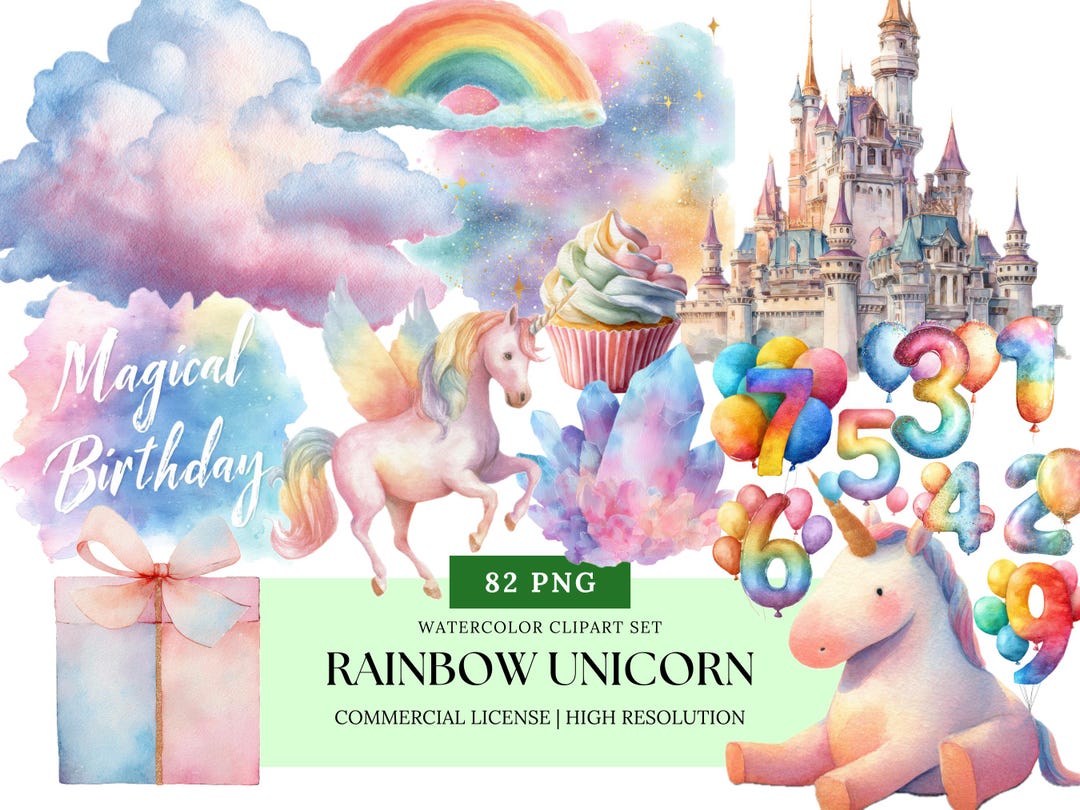 Rainbow Unicorn Watercolor Clipart Set Pastel Cute Pngs Magical Girl ...